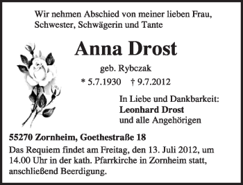 Traueranzeigen von Anna Drost | rz-trauer.de