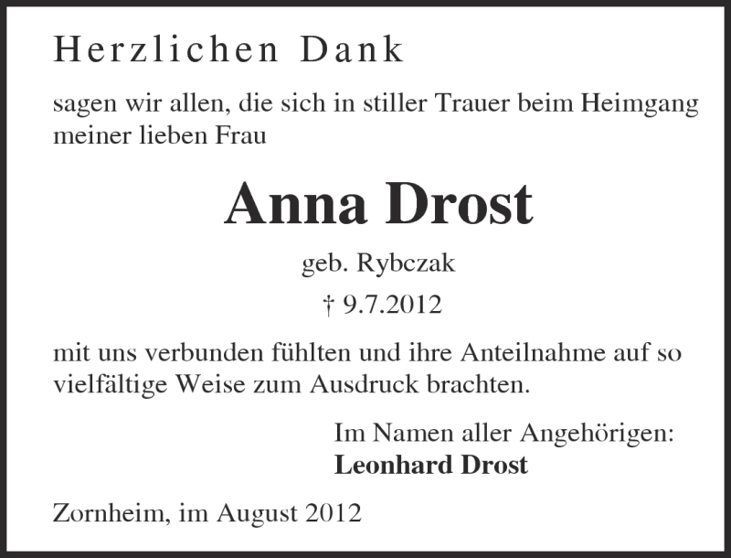 Traueranzeigen von Anna Drost | rz-trauer.de